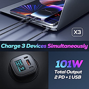 101W Superfast Car Charger USB C, [All Metal] 2PD + QC3.0 USB Car Cigarette Lighter USB Charger with OLED Display for MacBook, Laptop, iPhone 14/13/12, Samsung, Google Pixel All Smartphone