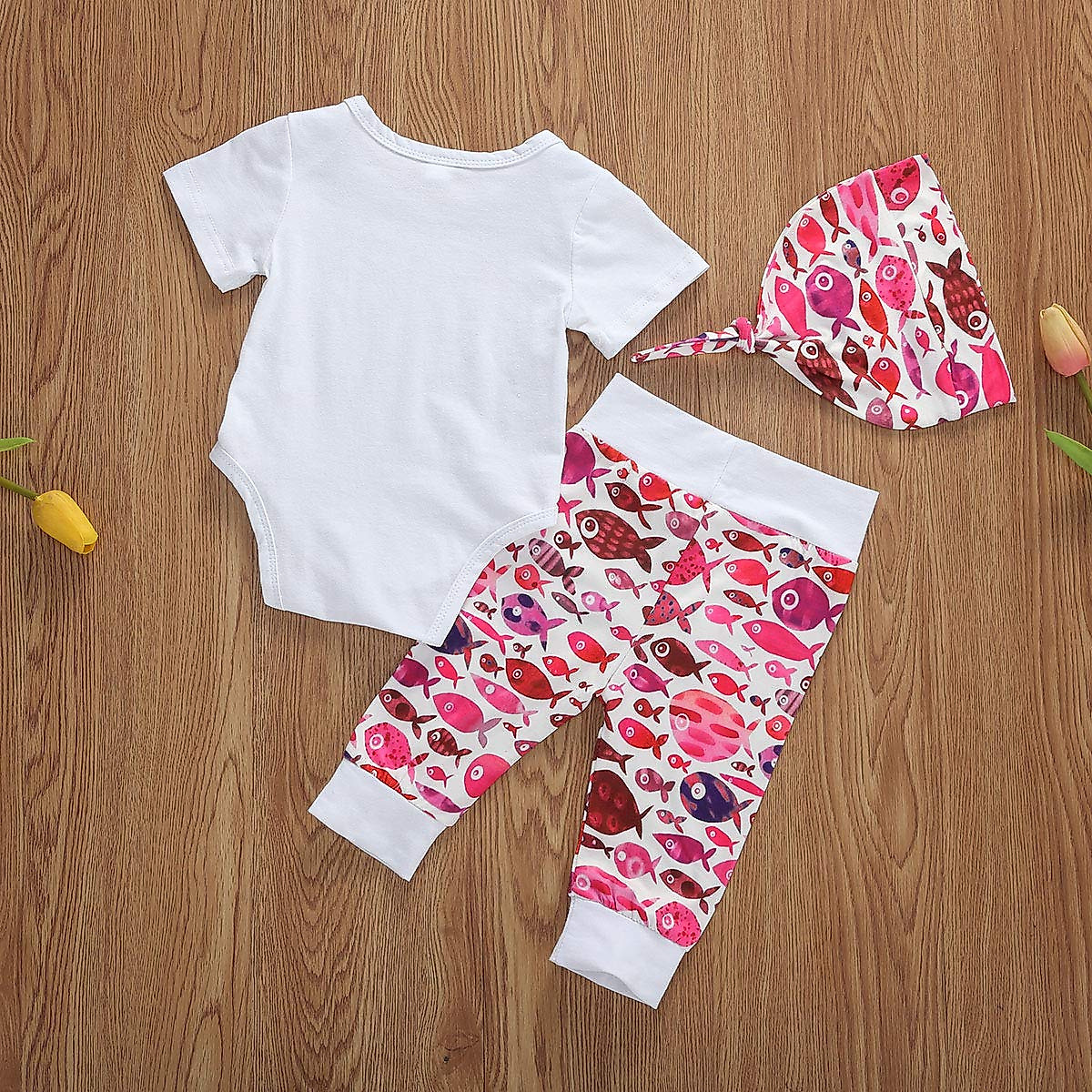 Mioliknya 3PCS Newborn Baby Girl Daddy's Fishing Buddy Short Sleeve Romper Bodysuit Floral Pants Leggings Hat Outfits (Rose Red, 3-6 Months)