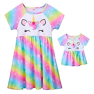 MHJY Doll and Girl Matching Nightgowns Unicorn Pajamas Night Dress for Girls and American 18" Girl Doll Clothes,8-9 Years,Rainbow