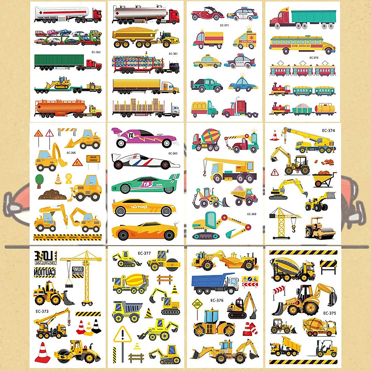 Ooopsiun Cars and Trucks Temporary Tattoos for Boys - 100 Tattoos, Cars Construction Decorations Supplies Favors for Kids Boys