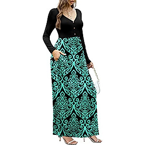 GRECERELLE Women's Long Sleeve Casual V Neck Plain Floral Print Maxi Dresses with Pockets Long Dress