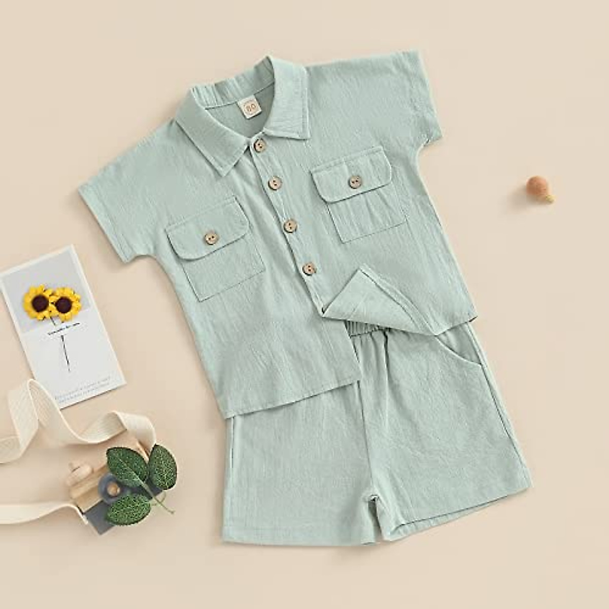 Toddler Baby Boys 2Pcs Linen Short Sleeve Outfits Set Color Block Button Down T-Shirt Elastic Shorts with Pockets (Light Green, 12-18 Months)