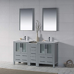 60 Inches All Wood Double Ceramic Sink Bathroom Vanity with Side Cabinet, 001 60 15 C (Double Ceramic Top, Metal Grey)