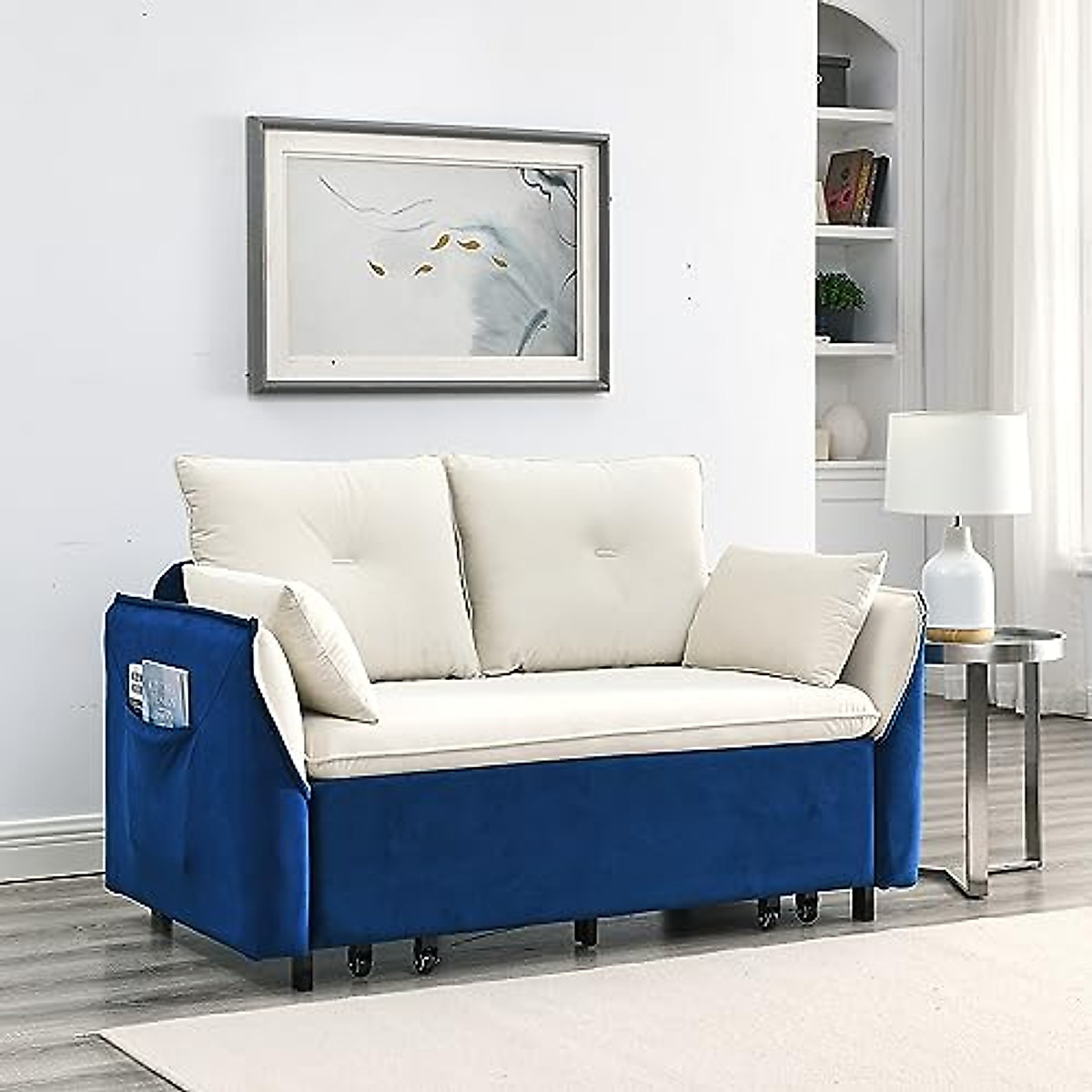 Verfur 3 in 1 Multi-Functional Futon Couch Pull Out Sleep, 2 Seater Convertible Loveseats Sofa with Adjustable Backrest,Comfy Upholstery Sofacama Sofabed, Blue White 57" Velvet w/ 4 Cushions