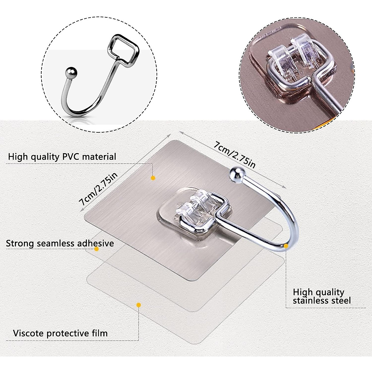 MCZTO Wall Hooks 22lb(Max) Large Adhesive Hooks 20 Packs, Transparent Reusable Seamless Hooks, Waterproof and Oilproof, Bathroom Kitchen Heavy Duty Self Adhesive Hooks (Gold, 20 Packs)