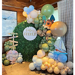 Enanal One Happy Camper Balloon Garland Arch Kit, 146pcs Sage Green Brown Camouflage Balloons with Campfire Balloon for Camping Woodland Party Supplies First Birthday Jungle Baby Shower Decorations