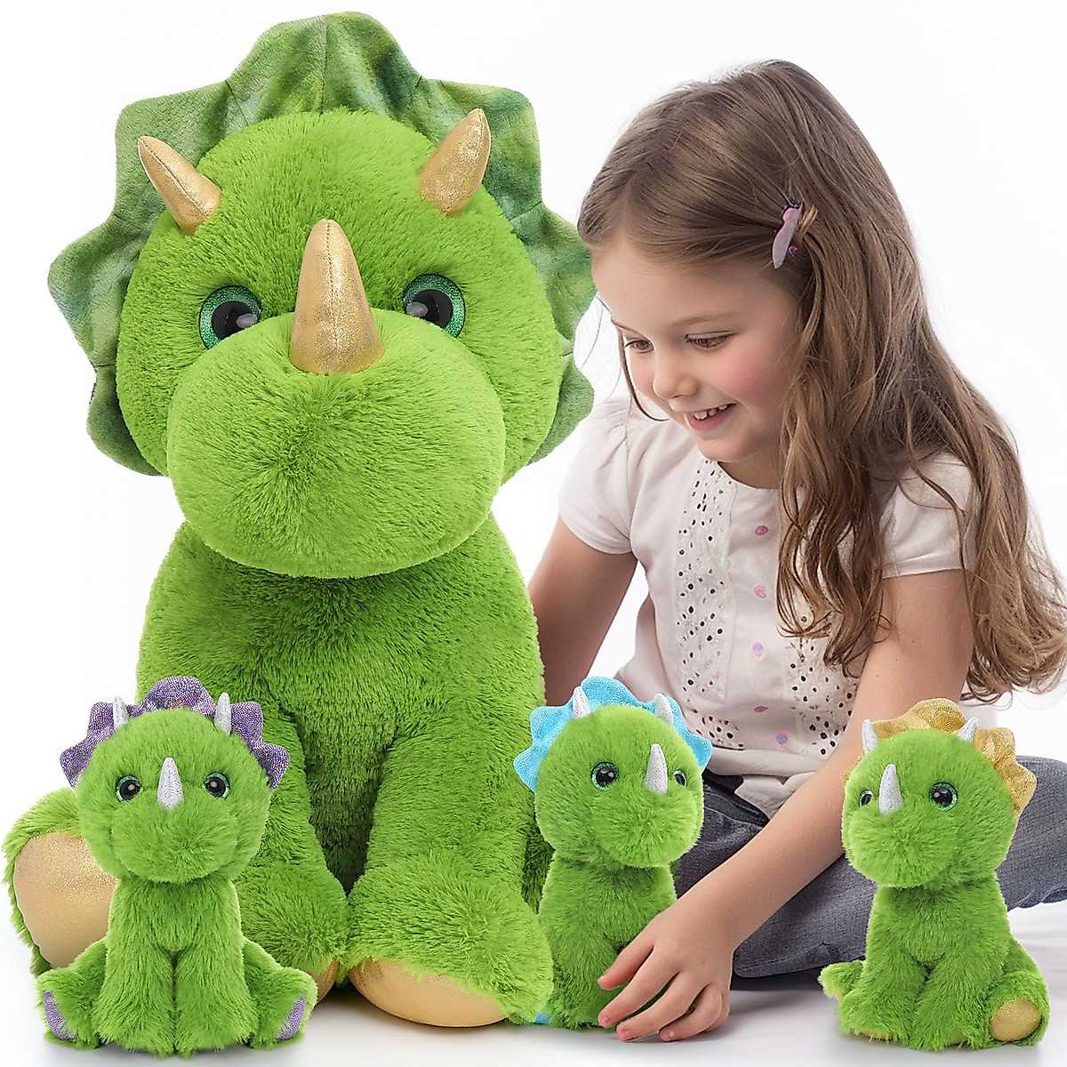 Muiteiur Triceratops Stuffed Animal Giant Dinosaur Stuffed Animal with 3 Little Baby Dinosaurs Green Triceratops Plush Toy Gift for Kids 24.5 inch