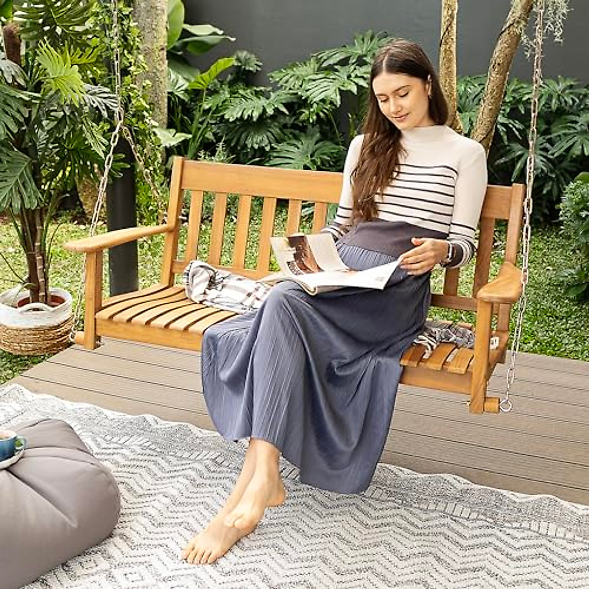 Cambridge Casual Teak Wood Porch Swing, Teak Frame, Bentley