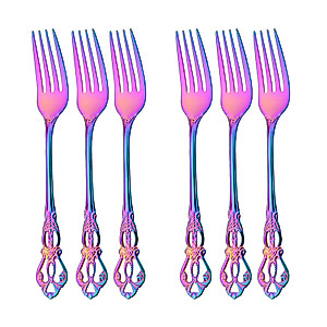 Jankng 6pcs Basic Rainbow Fork, Royal Stainless Steel Dinner Fork With Royal Handle, Metal Forks Set For Eating Salad Fish, Mirror Finish