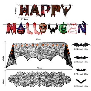 Halloween Decorations Indoor Set, 52pcs Halloween Party Decorations, Halloween 3D Bats |Spiderweb Table Runner & Cobweb Fireplace Mantel Scarf | Spooky Happy Halloween Banner for Home Indoor Decor