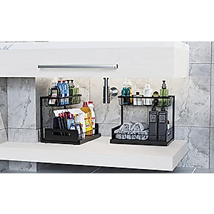 NLBTW Under Sink Organizer and Storage, 2 Tier Bathroom Kitchen Cabinet Shelf Organizers Shelves Cleaning Supplies Organization with Pull-Out Sliding Drawer (Black)