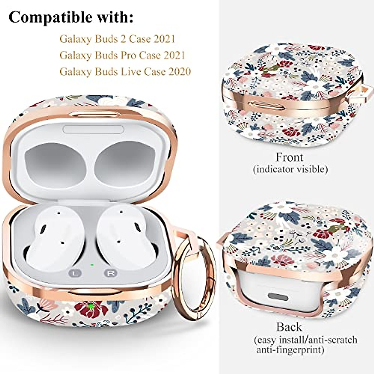 Happypapa Case for Samsung Galaxy Buds2 Pro (2022)/ Galaxy Buds 2 (2021)/ Galaxy Buds Pro (2021)/ Galaxy Buds Live (2020) for Women Girls Kids Men Full Protective Case Cover (Flowers Berries)