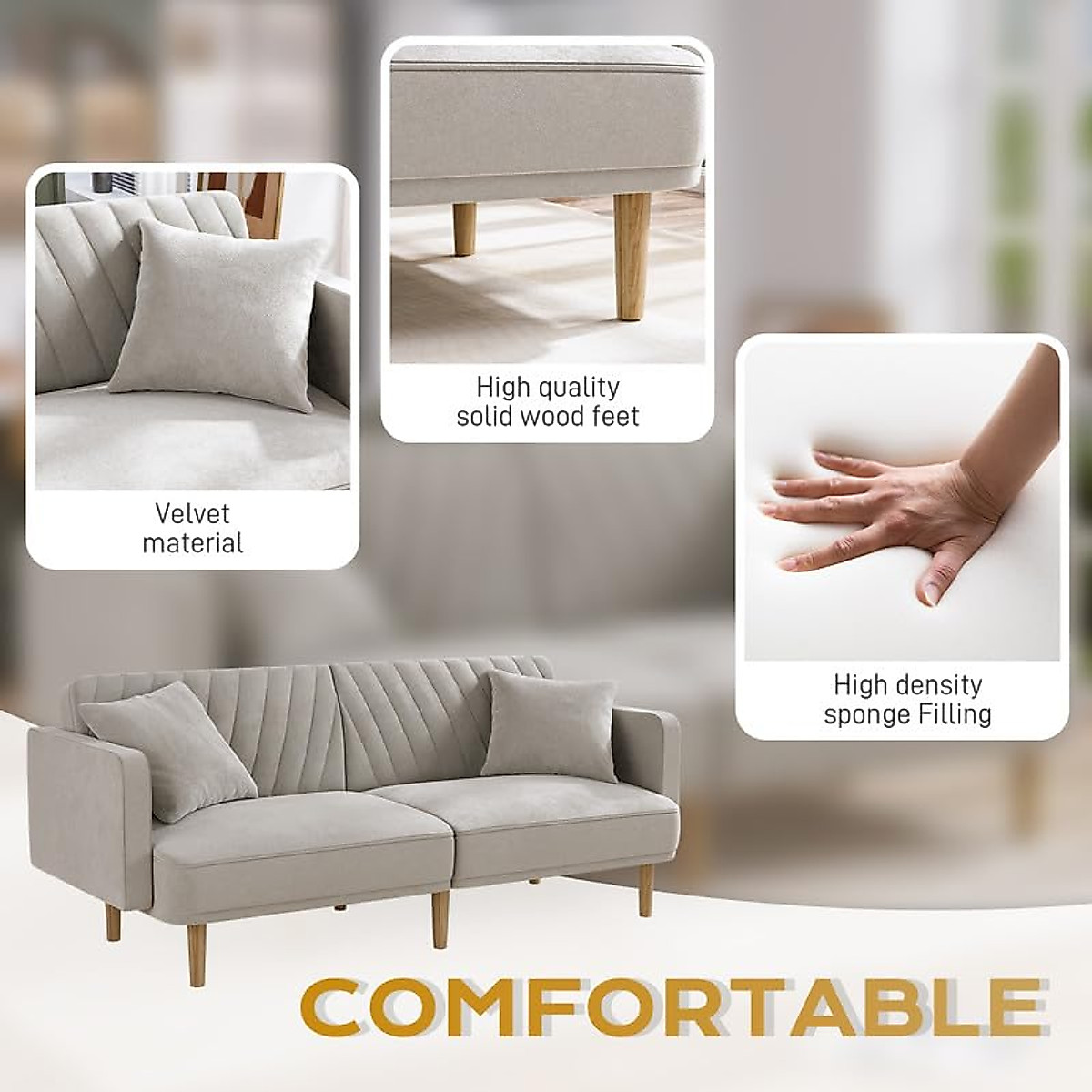 DAMAIFROM Velvet Couch, Futon Sofa Bed, Sleeper Sofa, Loveseat,Mid Century Modern, Adjustable Back Design 75" Couches for Living Room, Bedroom,Office,Small Spaces (Grey)