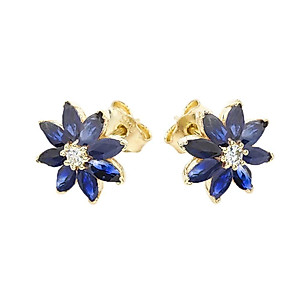 Exotic 14k Yellow Gold Daisy Diamond and Genuine Sapphire Flower Stud Earrings