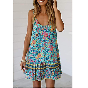 Summer Dresses for Women, Floral Print Sundress Straps Beach Dress Short Boho Dresses with Pocket Green M