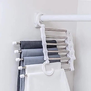 5 in 1 Stainless Steel Pants Hanger, Folding Storage Rack Trousers Hanger (White)