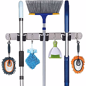 Samxin Broom Mop Holder Stainless Steel Wall Mount Storage Closet Kitchen Organization Heavy Duty Garage Tools Hanger No Drilling Screws for Home Garden Laundry Room with 3 Racks 4 Hooks-Black