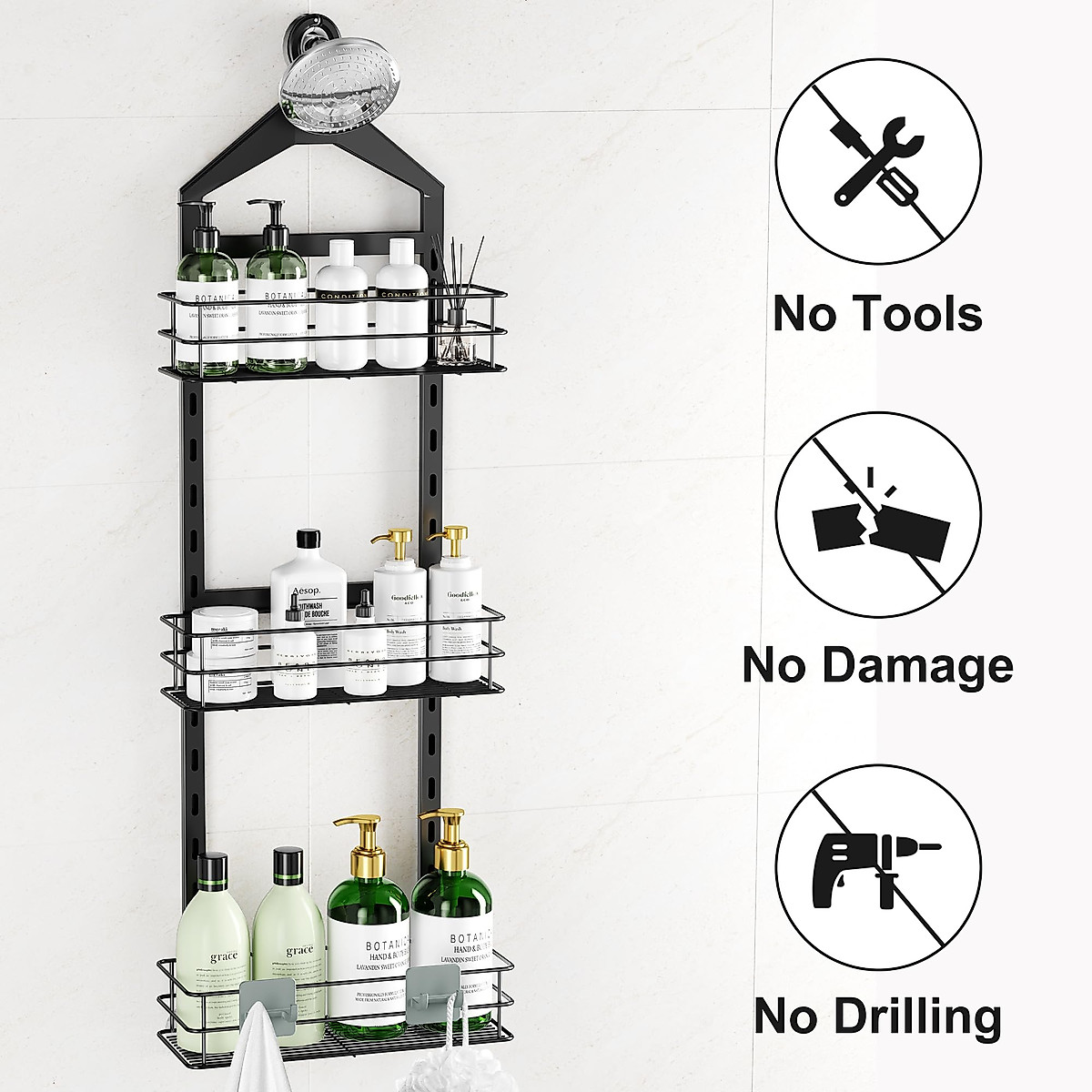 Purdaz Shower Caddy Over Shower Head,Adjustable Hanging Shower Organizer Shelf Shower Storage Rack Basket No Drilling Shower Organizer for Bathroom,Black