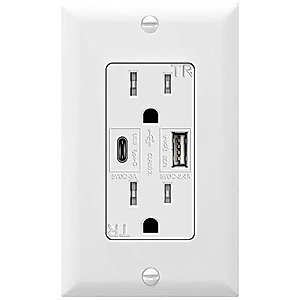 TOPGREENER 5.8A Ultra-High-Speed USB C Wall Outlet Charger, 15A Duplex Tamper-Resistant Receptacle Plug, Charging Power Outlet with USB Ports, Electrical USB Socket, UL Listed, TU21558AC, White