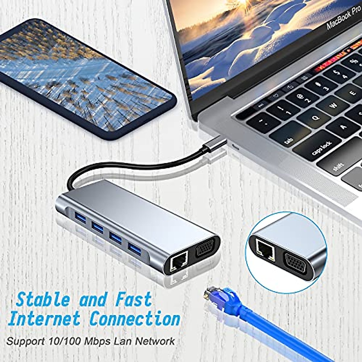 USB C HUB, USB C Adapter 11 in 1 Dongle with 4K HDMI, VGA, Type C PD, USB3.0, RJ45 Ethernet, SD/TF Card Reader, 3.5mm AUX, Docking Station Compatible