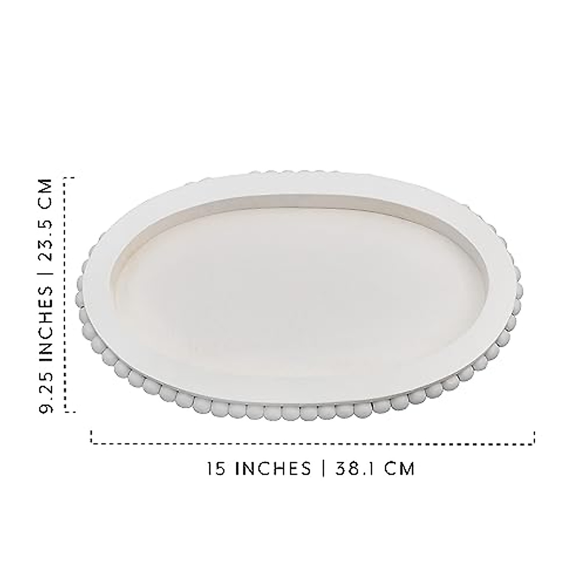 AuldHome Wood Beaded Tray (White), Decorative Farmhouse Style Oval Wooden Tray