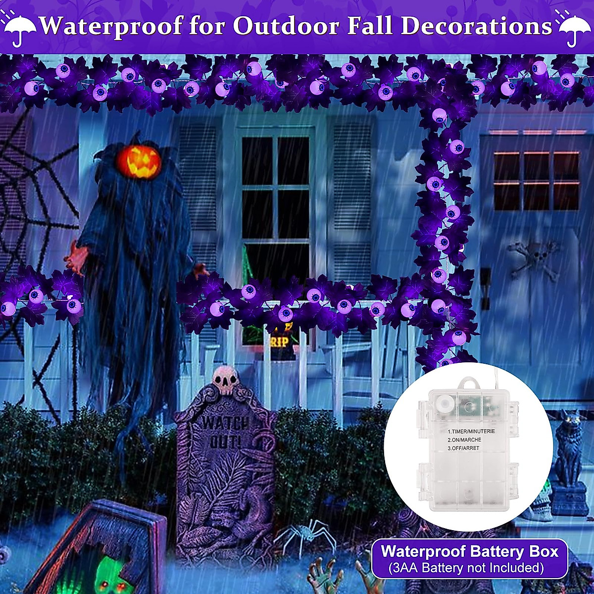 Ouddy Decor 2 Pack Lighted Halloween Garland, Total 20 FT 60 LED Black Maple Leaves Garland with Eyeballs Lights Waterproof Timer Battery Operated for Indoor Outdoor Home Halloween Decorations, Purple