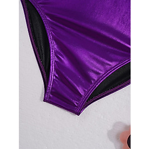 Fldy Kids Girls Shiny Metallic Gymnastics Leotards Long Sleeves Sparkly Ballet Dance Costumes One Piece Bodysuit Dancewear Purple 14 Years