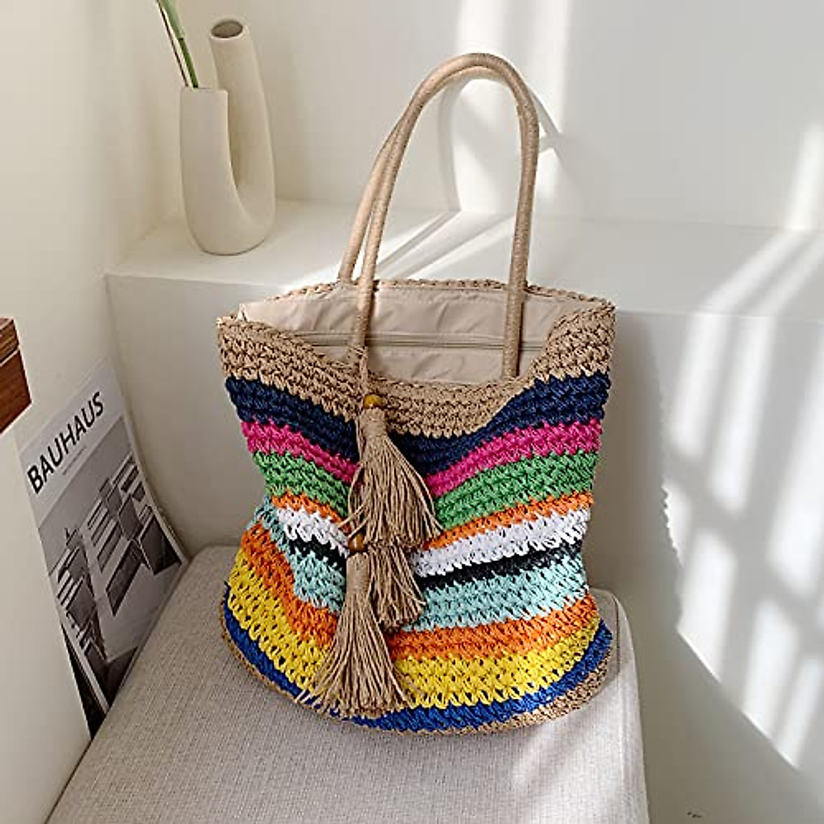Shopping Female Large Capacity Tassel Tote Bag Shoulder Crossbody Ins Woven Handbag Multicolor