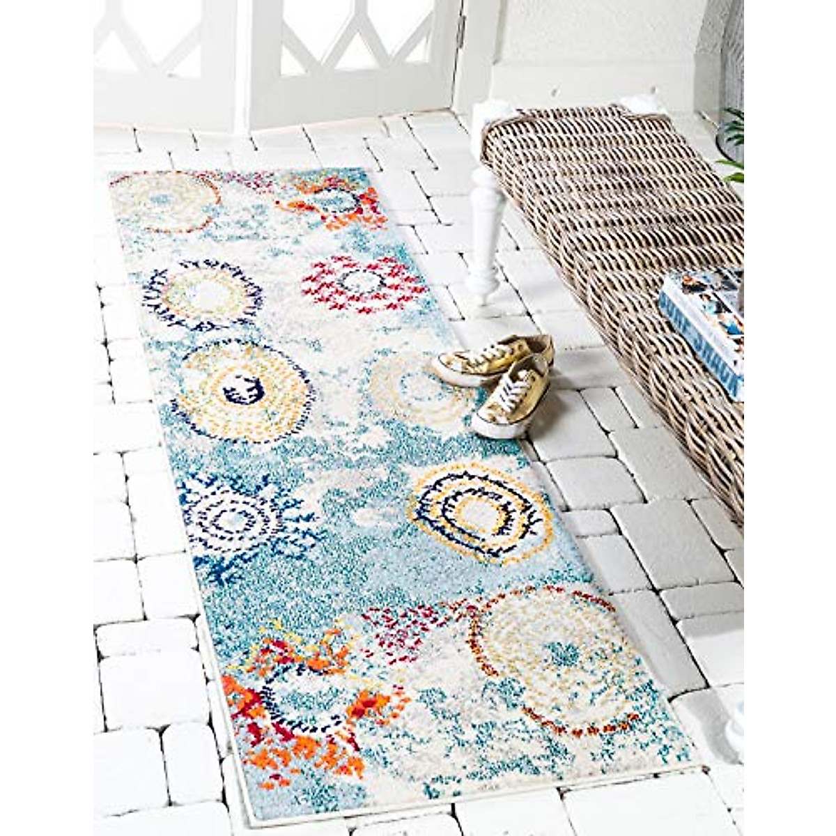 Unique Loom Estrella Collection Modern, Abstract, Colors, Distressed Area Rug, 2 ft 2 in x 6 ft 7 in, Beige/Light Blue