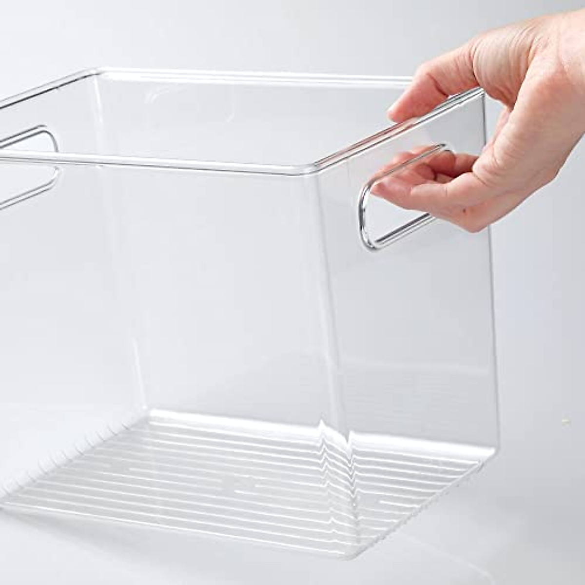 mDesign Plastic Deep Kitchen and Pantry Organizer Storage Bin with Handles for Cabinet, Fridge, Freezer - Food Storage Containers for Snacks, Yogurt Pouches or Fruit, Ligne Collection, 4 Pack, Clear