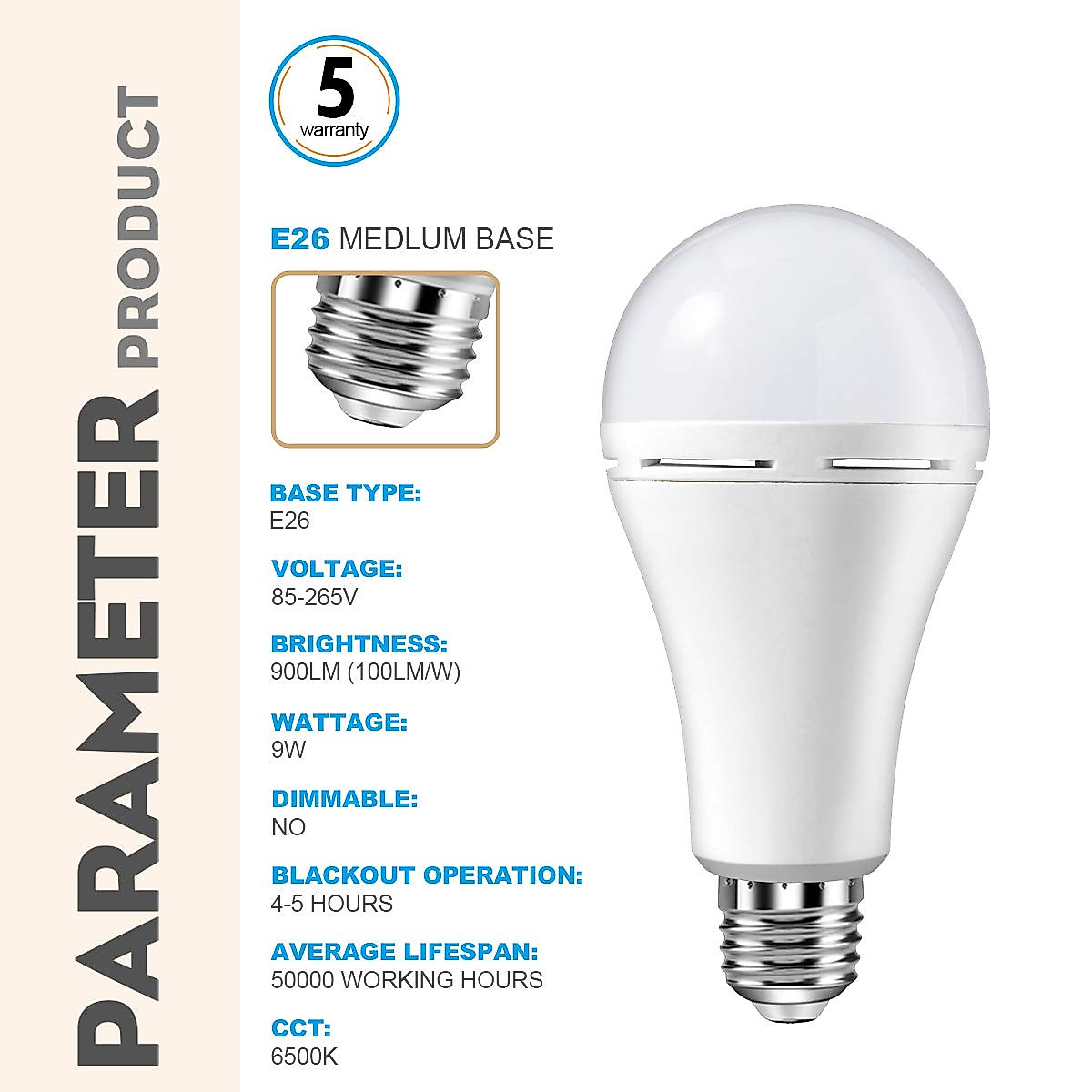 HOLDWILL 5 Pack Rechargeable Emergency LED Bulb, Multi-Function Battery Backup Emergency Light for Power Outage Camping Outdoor Activity 9W 900LM 60W Equivalent White Daylight 6000K with E26/E27 Base