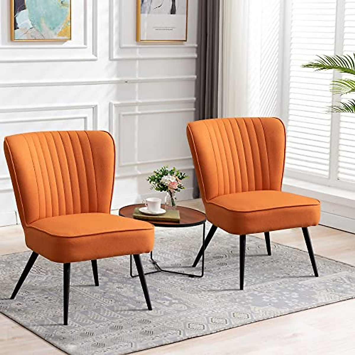 Alunaune Orange Accent Chair Set of 2 Upholstered Living Room Chairs Modern Bedroom Furniture Sets Armless Slipper Club Chair Guest Reception Couch Comfy Wingback Single Sofa