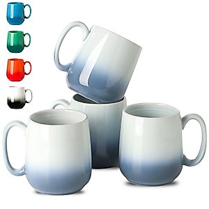 Hasense Ceramic Coffee Mugs Set of 4, Stoneware 15 oz Coffee Cups, Tea Mug with Large Handle for Coffee, Latte, Milk and Mocha, Birthday Gift, Dishwasher & Microwave Safe, Gradient Light Blue