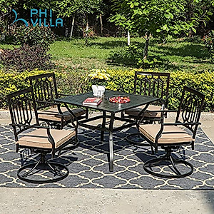 PHI VILLA Patio Dining Set 5 Pieces Outdoor Metal Furniture Set, 4 x Swivel Chairs with 1 Rectangular Umbrella Table for Outdoor Lawn Garden, Black