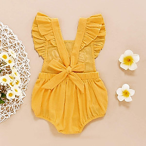 GRNSHTS Baby Girls First Birthday Outfits Ruffle Honey Bee Romper Backless Bodysuit Cake Smash Outfits (Yellow, 12-18 Months)
