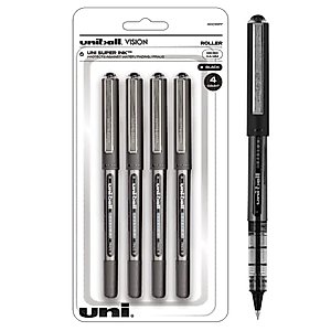 uni-ball Vision Rollerball Pens Fine Point Micro Tip, 0.5mm, Black, 4 Pack