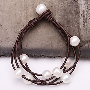 Aobei Pearl Cultured Freshwater pearl Wrap Bracelet on Multi Strands Leather Beaded Jewelry for Women Brown