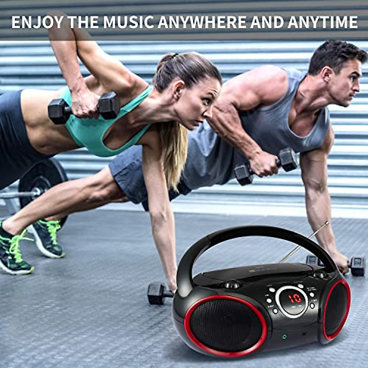 SINGING WOOD 030C Portable CD Player Boombox with AM FM Stereo Radio, Aux Line in, Headphone Jack, Supported AC or Battery Powered (Black with a Touch of Red Rims)