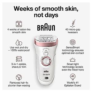 Braun Epilator Silk-épil 9 9-870, Facial Hair Removal for Women, Hair Removal Device, Wet & Dry, Women Shaver & Trimmer, Cordless, Rechargeable, with Venus Extra Smooth Razor