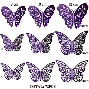 72 Pieces 3D Butterfly Wall Decals Sticker Wall Decal Decor Art Decorations Sticker Set 3 Sizes for Room Home Nursery Classroom Offices Kids Girl Boy Bedroom Bathroom Living Room Decor (Purple)