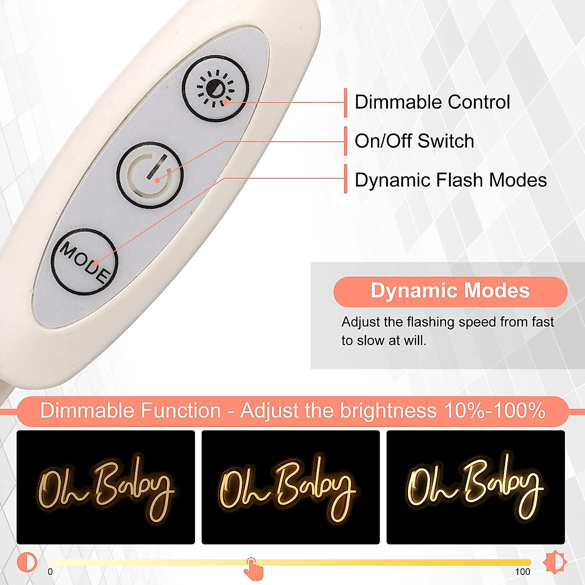 Oh Baby Neon Sign for Wall Decor,23.6x11.8 inch Dimmable Switch Warm White Art Signs Led Neon Light for Baby Shower Decorations, Engagement Party, Birthday Party, Bar, Wedding House, Kid's Room