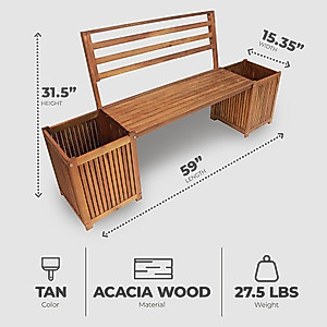 Four Seasons Courtyard Leigh Country Outdoor Wooden Bench Durable All Weather Backyard Patio, Entryway Balcony, or Deck Furniture Seating with 2 Planter Boxes, Tan