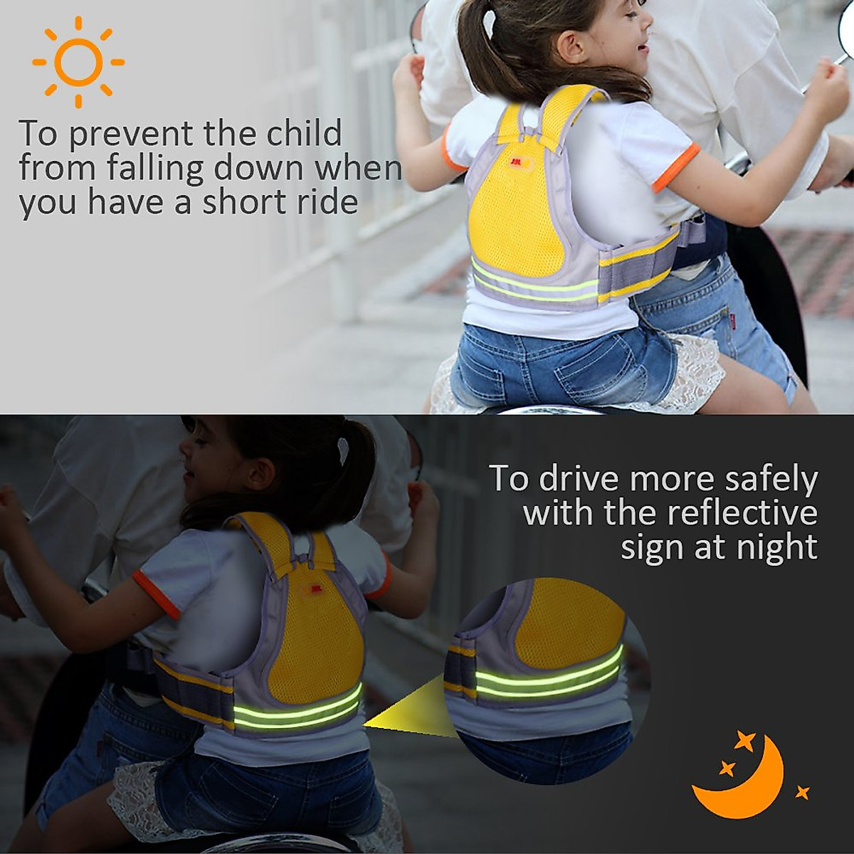 Jolik Child Motorcycle Safety Harness with 4 – in – 1 Buckle Breathable Material in Yellow