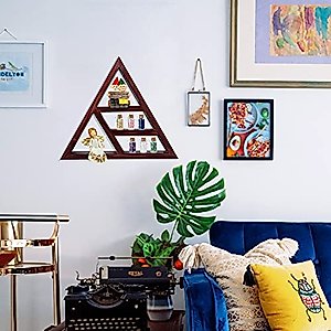 CozyCabin Triangle Shelf for Crystals Display, Moon Phase Wooden Crystal Display Shelf with Hooks Triangle Wall Shelf for Crystal Display