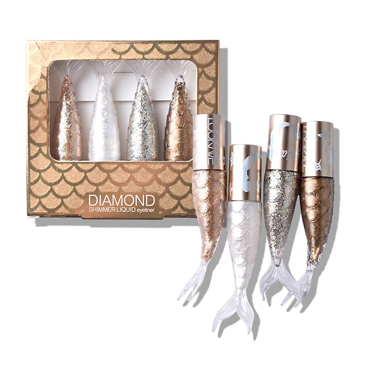 LAMUSELAND 4 Colors Liquid Glitter Eyeliner, Metallic Shimmer Diamond Mermaid Eyeshadow, Waterproof Long Lasting Sparkling Eye Liner Makeup Colorful Set for Women Girls (A)