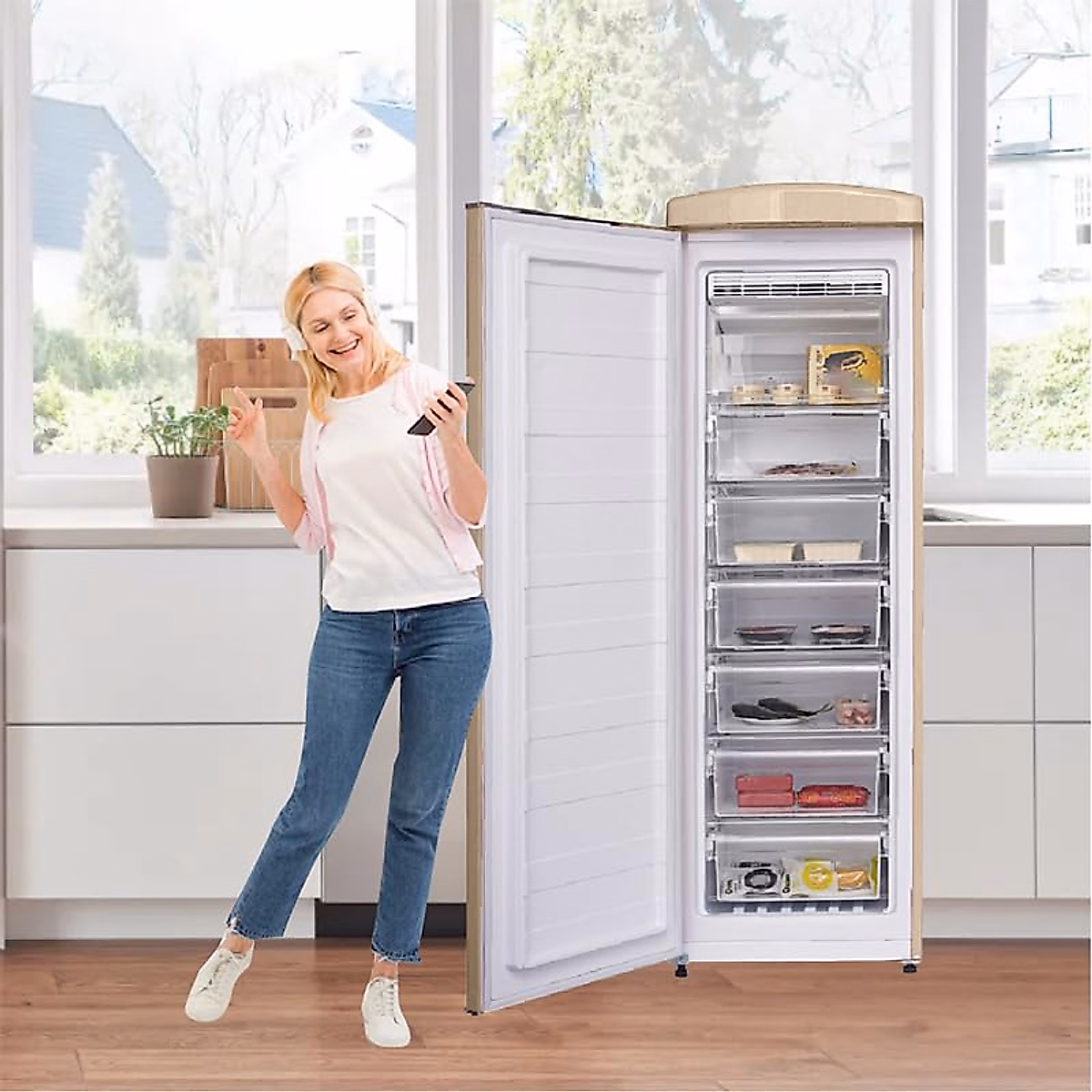 8.3 cu. ft. Freestanding Frost Free Retro Upright freezer with FAST FREEZE, adjustable temp control in Cream
