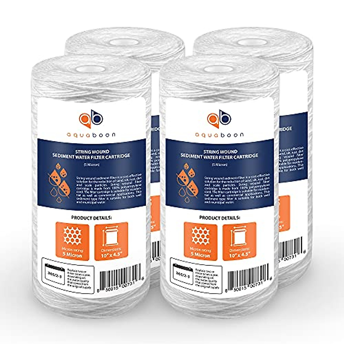 Aquaboon 5 Micron 10"x4.5" BB String Wound Sediment Water Filter Cartridge | Whole House Sediment Filtration | Compatible with 84637, WPX5BB97P, PC10, 355214-45, 355215-45, WP10BB97P WP5BB97P 4-Pack