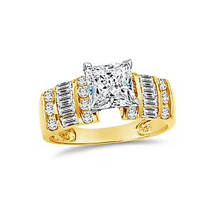 Size - 7 - Solid 14k Yellow Gold Princess Cut Wedding Engagement Ring with Side Stones, CZ Cubic Zirconia (3 ct.)