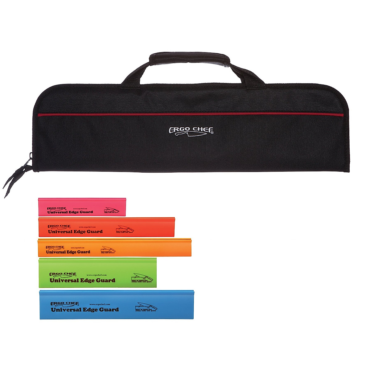 5 Pocket Padded Chef Knife Case Roll with 5 pc. Edge Guards (Black 5 Pocket bag w/5pc. Multi-Color Edge guards)