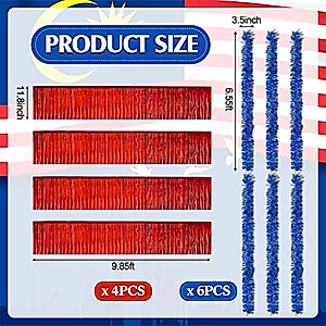 10 Pcs 4th of July Parade Float Decorations Including 4 Pcs 10 ft Metallic Foil Fringe Curtains 6 Pcs 6.5 ft Tinsel Garland for Flag Day Independence Day Party Car Decorations